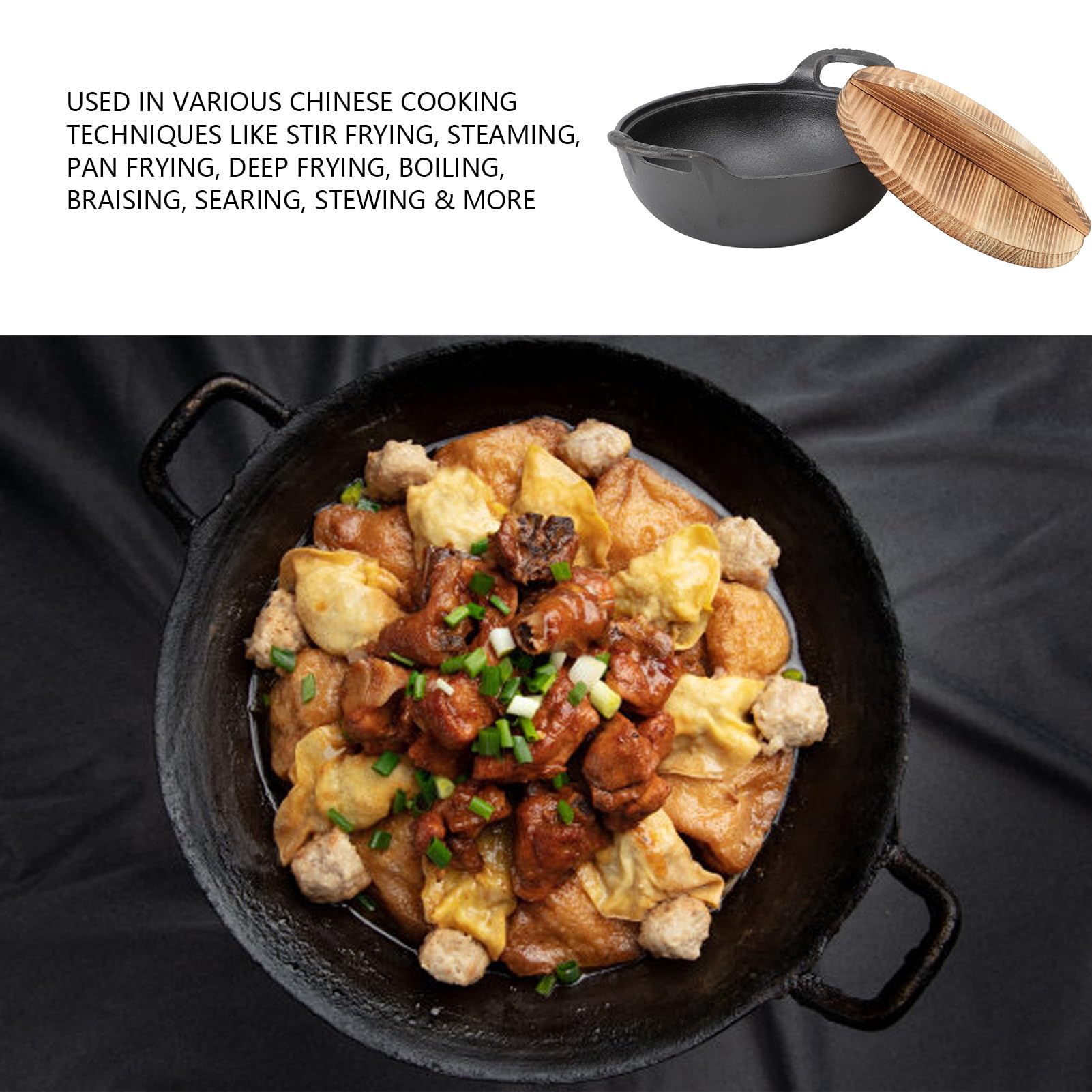 Cast Iron Wok with 2 Handle and Wooden Lid, Seasoned Cast Iron Wok Chinese Wok, Deep Frying Pan with Flat Base Uncoated for Stir Fry Grill Steam Authentic Asian Chinese Food (20cm)