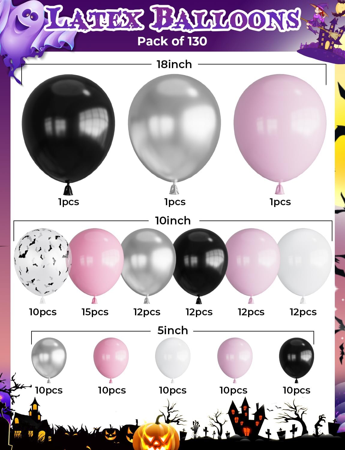 Pink Halloween Balloon Garland Arch Kit,130pcs Halloween Pink Black Silver Balloons With Starburst,Ghost,Bat Foil Balloons for Girl,Birthday,Baby Shower,Spooky One,Halloween Party Decorations