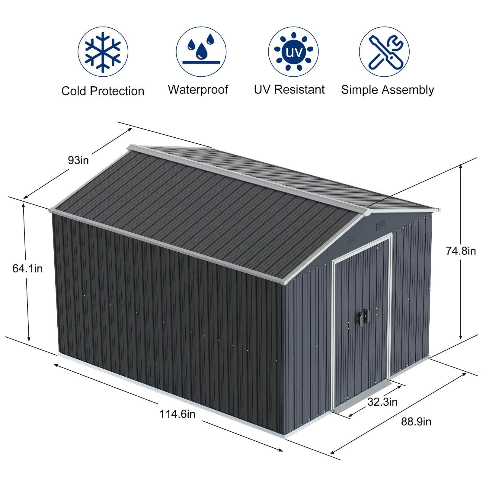 WELYAS Outdoor Metal Storage Shed 10x8FT, Outside Sheds Storage with Double Lockable Doors & Air Vent, Large Tool Sheds House for Garden Patio Lawn Backyard to Store Bikes,Lawnmower,Garage, Gray