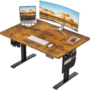 veken wider 47.2x27.6 inch whole piece 1-inch thick standing desk with side storage pocket, electric adjustable height rising table, ergonomic office computer desks for workstation,study,gaming,brown