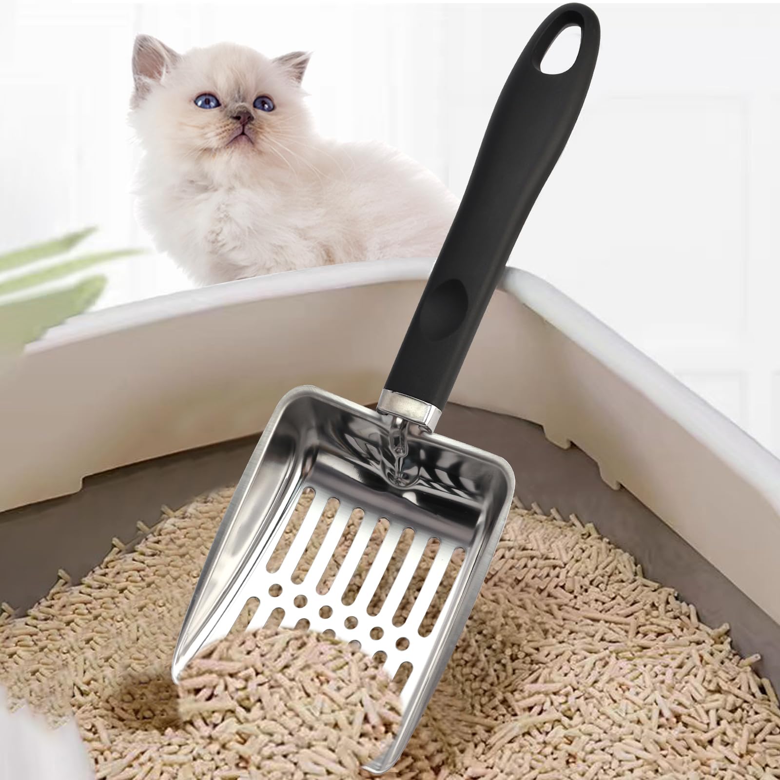 CHI SHANG Cat Litter Scoop,Metal Cat Litter Scoop,Stainless Steel cat Litter Scoop with Non-Slip Handle,Poop Sifting,Kitten Pooper Lifter,for Litter Box