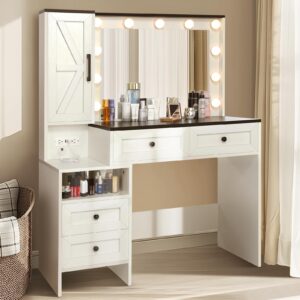 elifine Vanity with Lighted Mirror - Farmhouse Makeup Vanity Desk with 4 Drawers, 1 Cabinet and Power Outlet, 3 Color Lighting Modes Adjustable Brightness