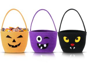 teenyyou halloween trick or treat basket with handle cute halloween bucket cotton rope woven candy bag pumpkin witch cat pig storage basket for halloween party favor(3 packs,mixed style)