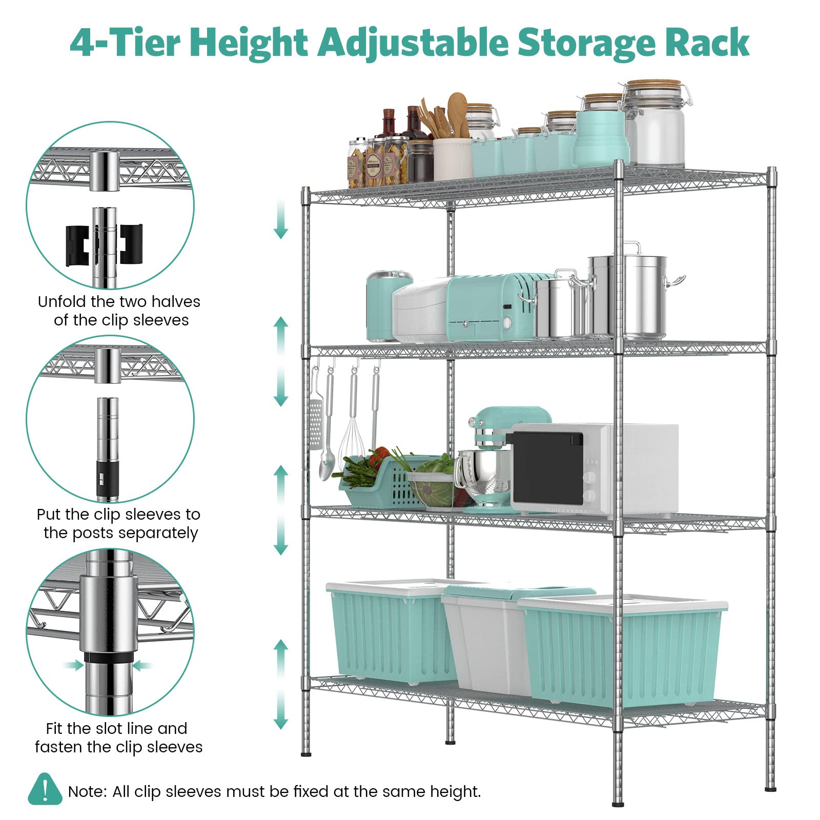 Leteuke Wire Shelving Unit with Wheels, NSF Certified 4 Tier Adjustable Storage Shelves 60"×24"×72", 2400LBS Heavy Duty Shelving Commercial Grade Metal Storage Utility Rack for Kitchen Garage, Chrome