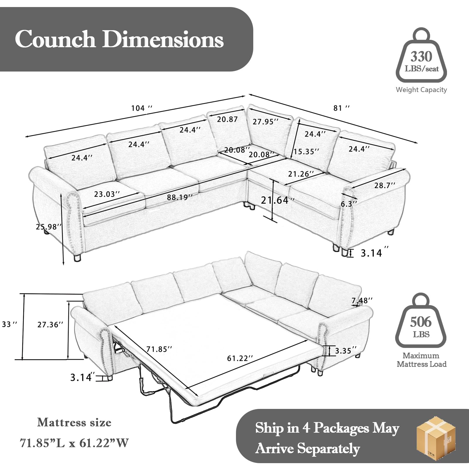 104'' Sleeper Sofa Bed Queen, L Shaped Sectional Sofa with Pull Out Couch Bed, Queen Size 6 Seater Sofa Bed with Memory Foam Mattress, Sectional Couches for Living Room Furniture Set, Beige