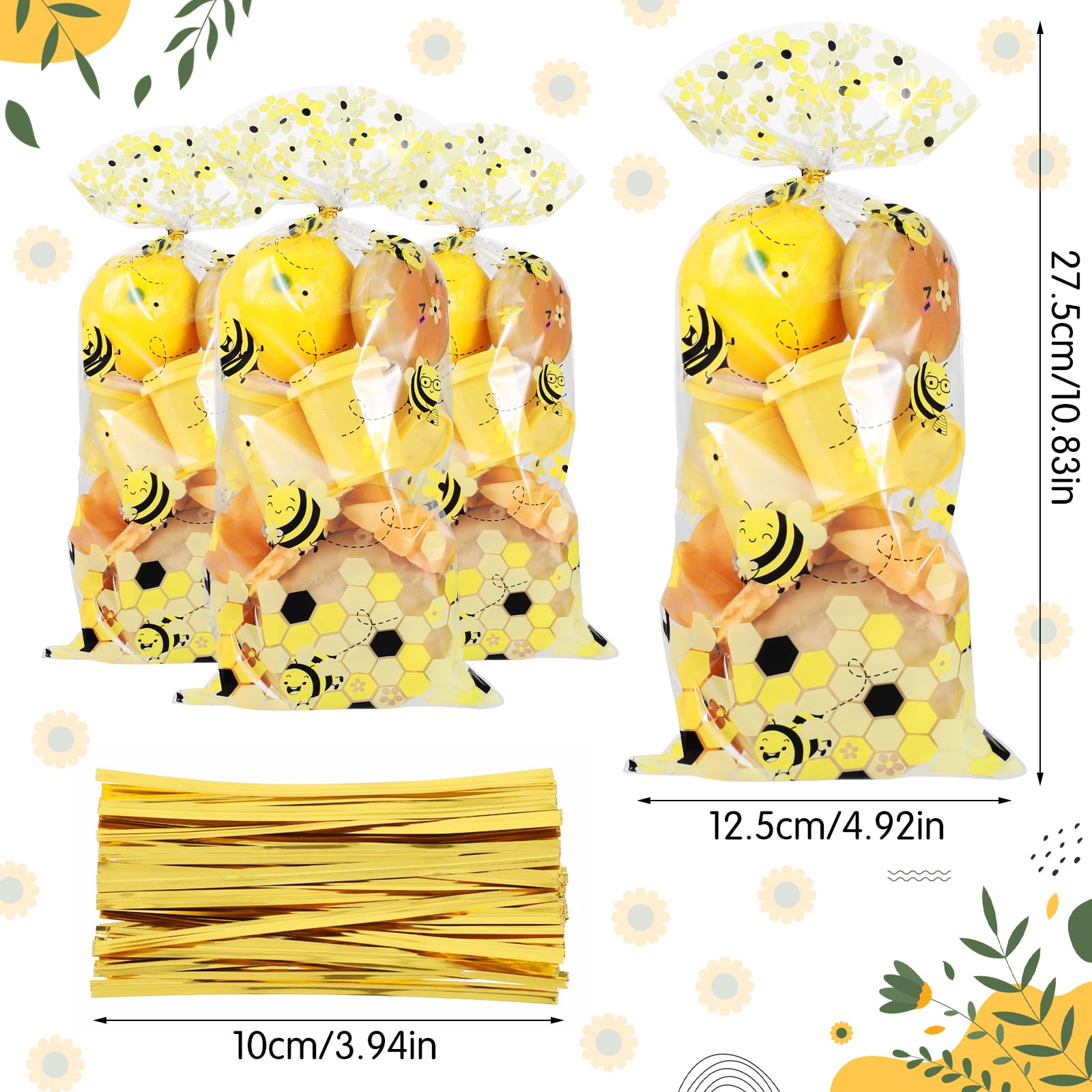 Styquenzer 100Pcs Bee Party Bags Honey Bee Plastic Candy Bags Yellow Honey Bee Treat Bags Goodie Bags Bee Gift Bags with Gold Twist Ties for Gender Reveal Party Supplies