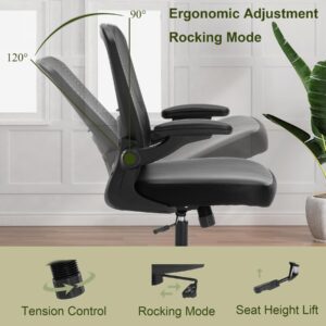 TOPBSHODC Office Chair Ergonomic Mesh PU Leather Desk Chair,Executive Computer Chair with Lumbar Support Flip up Arm,Swivel Rolling Home Office Chair with Adjustable Height,Black Task Chair with Wheel