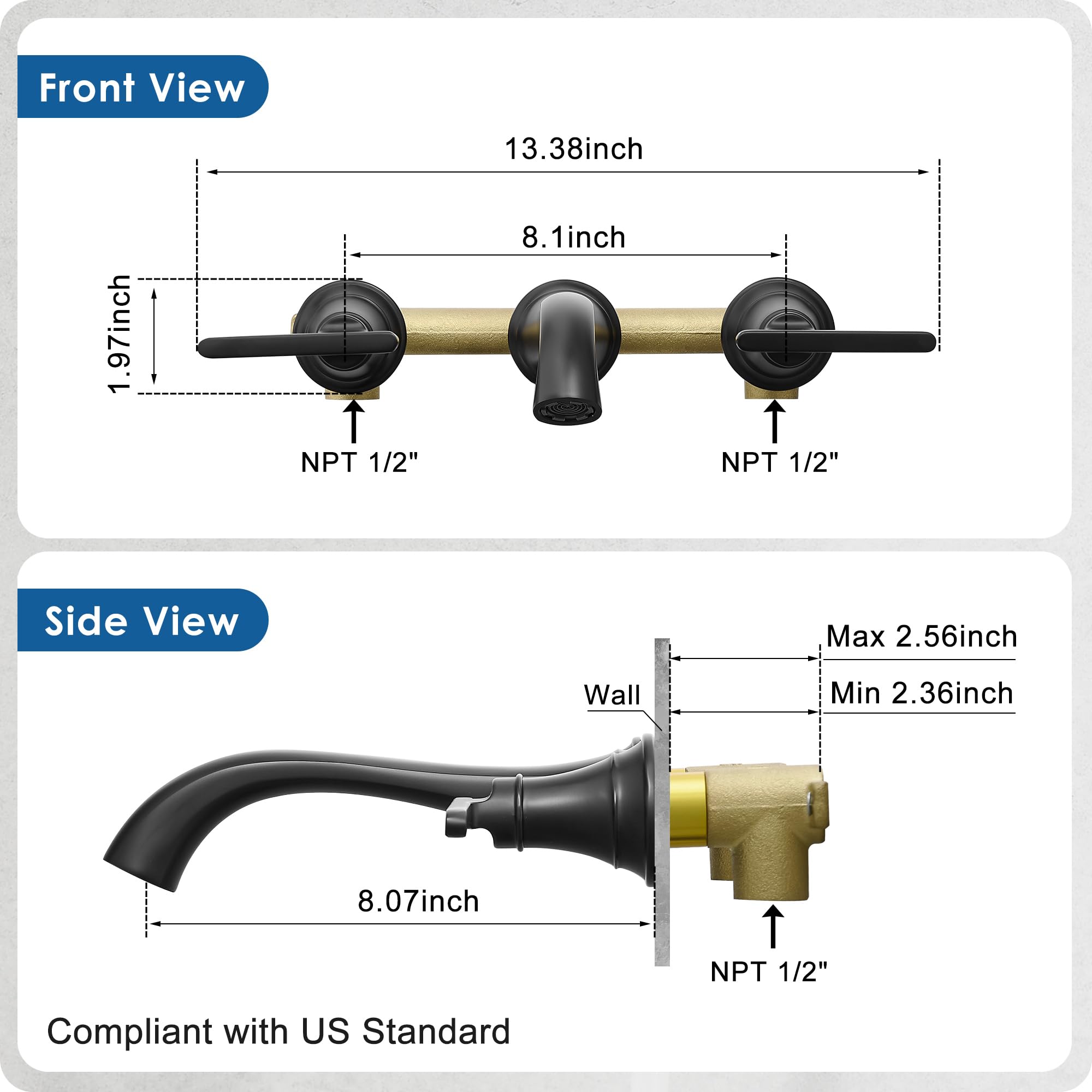 HOIGY Brass Tub Filler Wall Mount 3 Hole, Farmhouse Black Tub Faucet, High Pressure 2 Handle Matte Black Bathtub Faucet Set with Long Spout Reach, Rough-in Valve