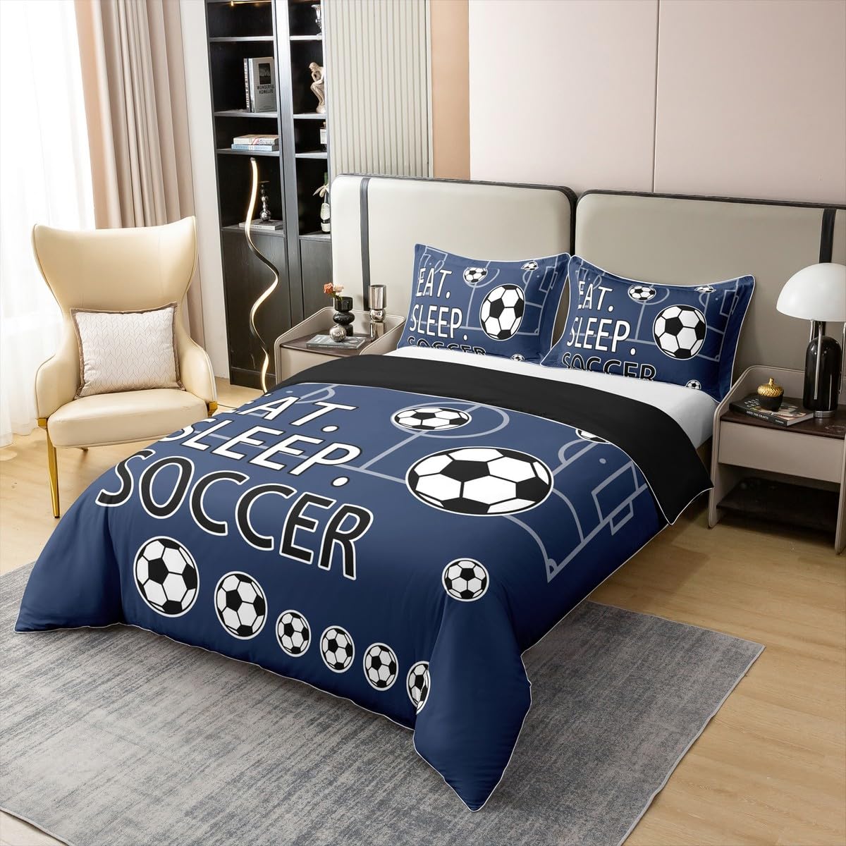 Feelyou Full(No Comforter) Soccer 100% Cotton Duvet Cover Boys Girls Football Bedding Set for Kids Teens Toddler Navy Blue Comforter Cover Set Soccer Ball Game 3Pcs Zipper