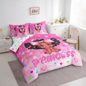 Cartoon Black Girls 7Pcs Comforter Set King Size,Pink Glitter Bow Love Heart Stars Print Bedding Set Kids Teens Woman Room Decor,Kawaii African Theme Child Fitted Flat Sheet Lovely 2 Pillow Cover