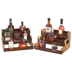 2 pack 3 step liquor bottle display shelf, coffee syrup rack organizer, countertop liquor wine rack, 12 bottles coffee station organizer with fences & handles, retro bar shelf stand for liquor whiskey