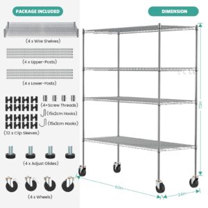 Leteuke Wire Shelving Unit with Wheels, NSF Certified 4 Tier Adjustable Storage Shelves 60"×24"×72", 2400LBS Heavy Duty Shelving Commercial Grade Metal Storage Utility Rack for Kitchen Garage, Chrome