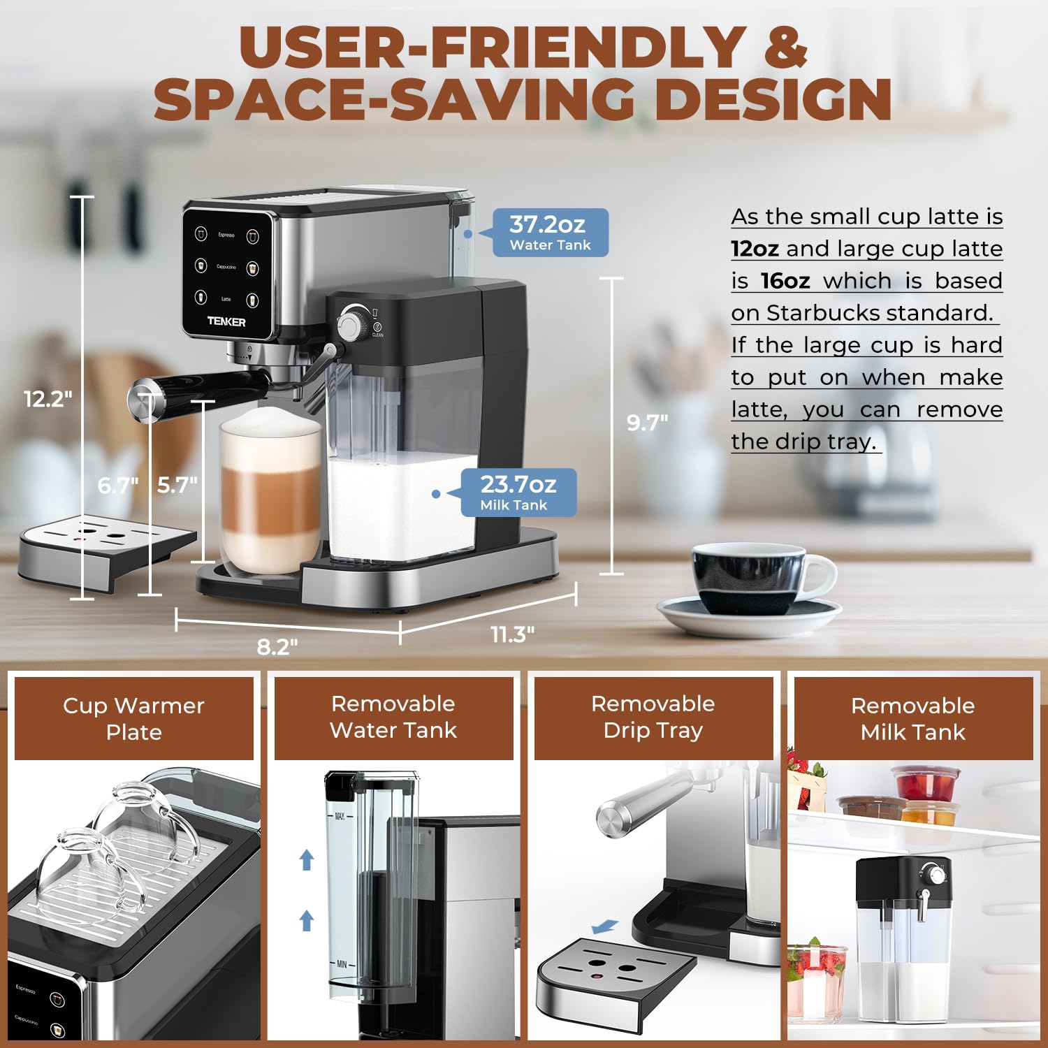 TENKER Espresso Machine 20 Bar, Cappuccino Machine with Automatic Milk Frother, Latte Machine in Stainless Steel Design, 1350W Touchscreen Coffee Maker for Home and Office (Silver)