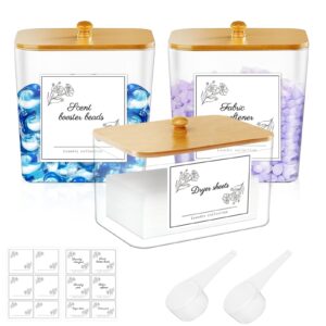 laundry room organization storage containers: laundry pods container dryer sheet holder organizing storage jars with bamboo lids & 2 scoops & labels - for detergent powder scent booster beads (3pcs)