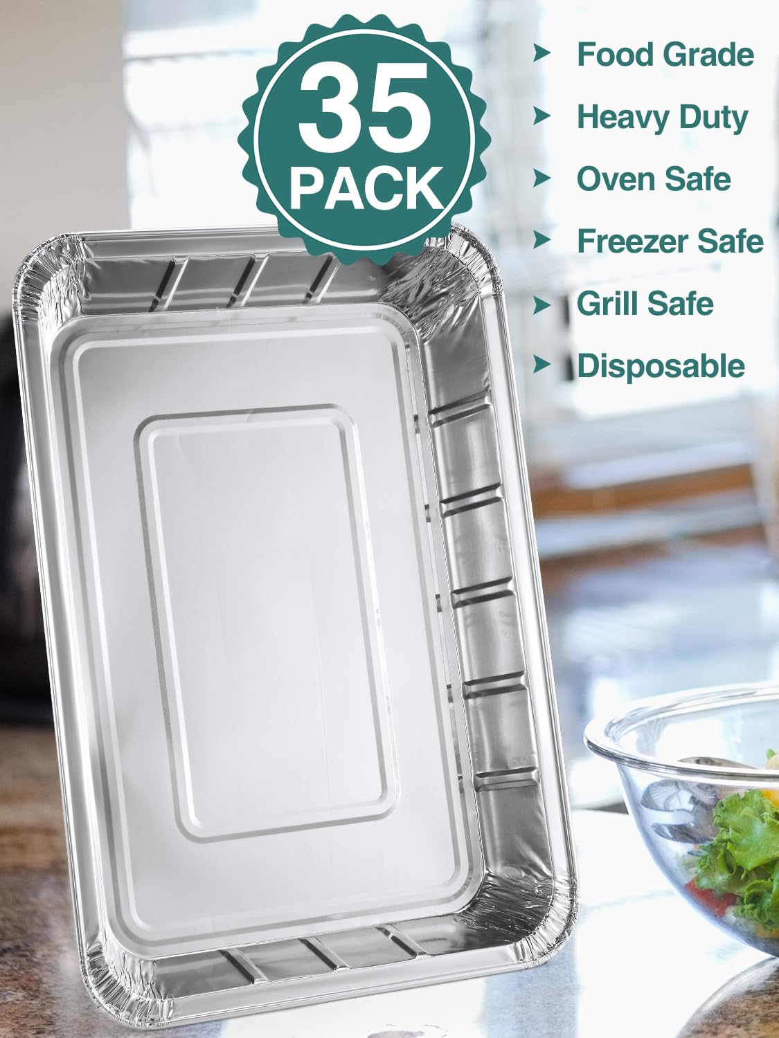 NEEBAKE 35 Pack 9x13 Disposable Aluminum Pans - Large-Aluminum-Foil-Pans-Half-Size-Tin-Foil-Baking-Pans-Heavy-Duty-Steam-Table-Tin-Trays-Containers-for-Prepping-Food-Cooking-Roasting-Heating