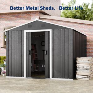 WELYAS Outdoor Metal Storage Shed 10x8FT, Outside Sheds Storage with Double Lockable Doors & Air Vent, Large Tool Sheds House for Garden Patio Lawn Backyard to Store Bikes,Lawnmower,Garage, Gray