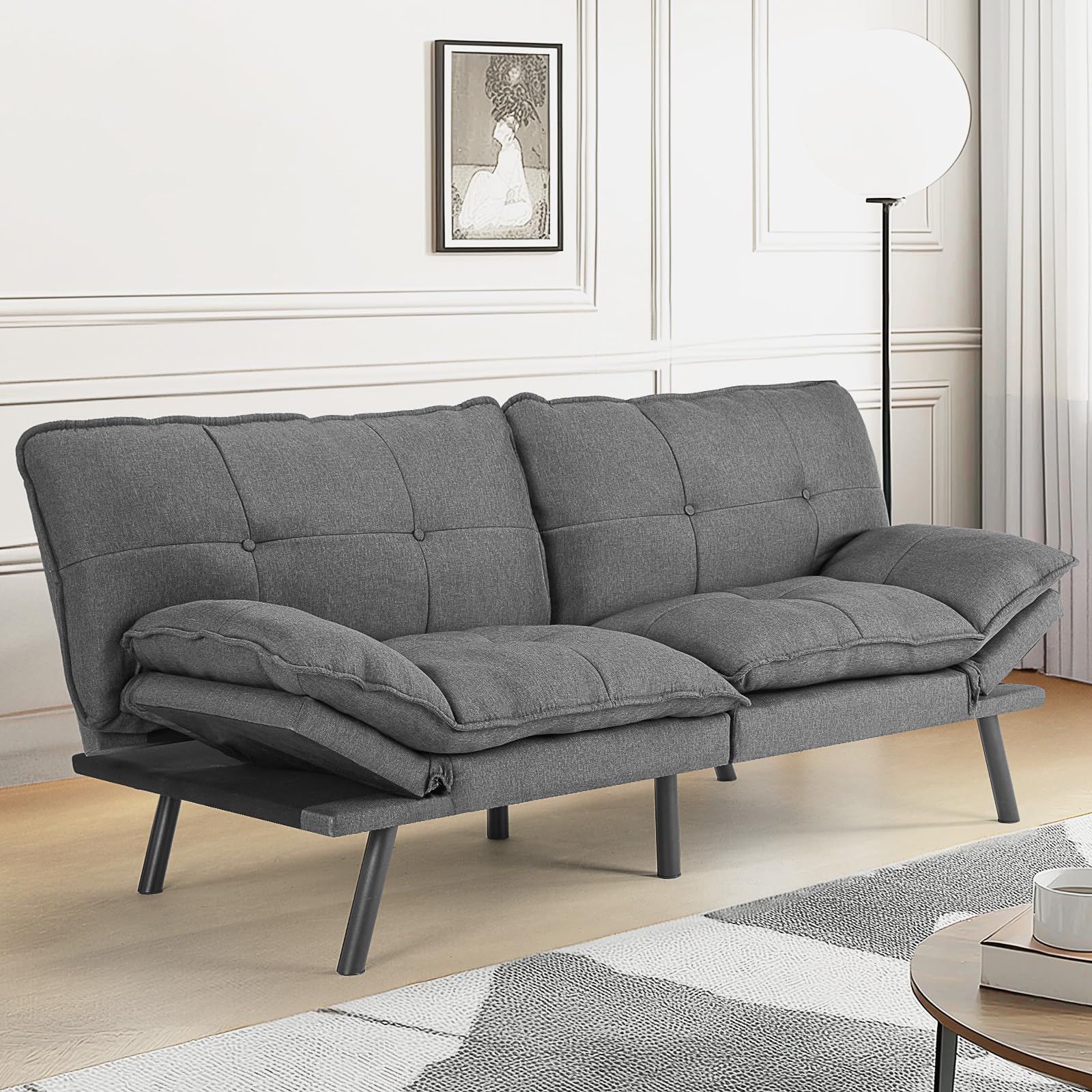 Emerspring Futon Sofa Bed,Convertible Sofa Bed Couch, Memory Foam Loveseat Sofa,Small Splitback Sofa Sleeper for Office,Living Room,Light Grey