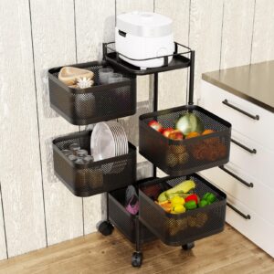 rotating storage rack for kitchen, 5-tier removable basket shelf organizer on rolling wheels rolling shelf for fruit vegetable grocery corns onion potato, black black 5-layers