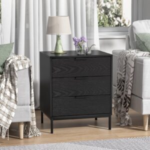 Anmytek Nightstand with 3 Drawers, Modern Wood Night Stand for Bedroom with Storage Drawers, Black Bedside Table Sofa End Side Table for Dorm Small Spaces, 15.7”D x 19.8”W x 23.7”H