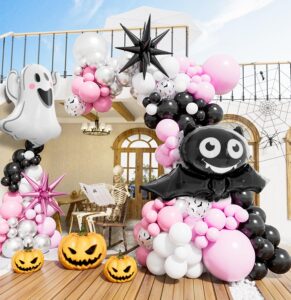 pink halloween balloon garland arch kit,130pcs halloween pink black silver balloons with starburst,ghost,bat foil balloons for girl,birthday,baby shower,spooky one,halloween party decorations