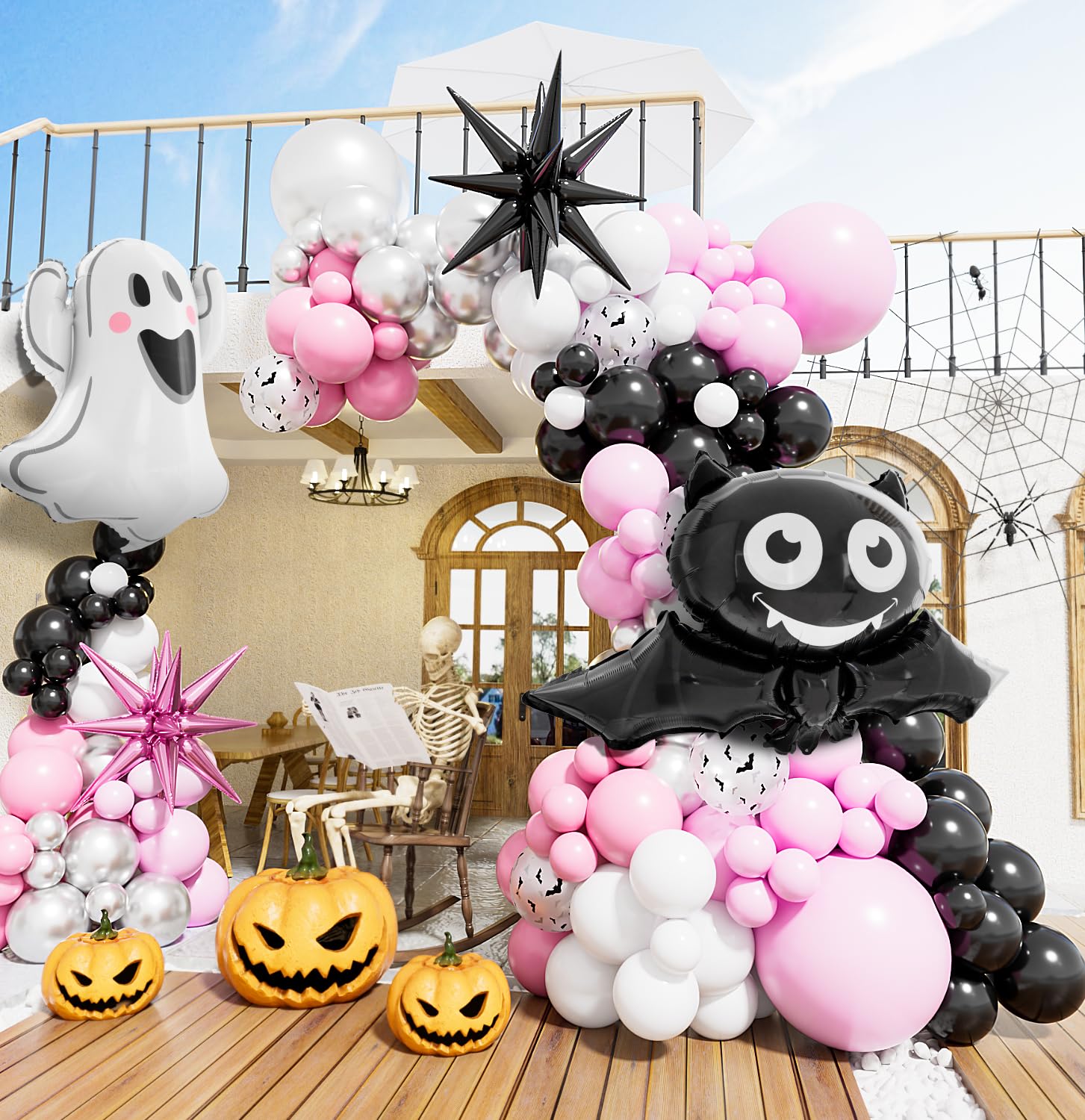 Pink Halloween Balloon Garland Arch Kit,130pcs Halloween Pink Black Silver Balloons With Starburst,Ghost,Bat Foil Balloons for Girl,Birthday,Baby Shower,Spooky One,Halloween Party Decorations