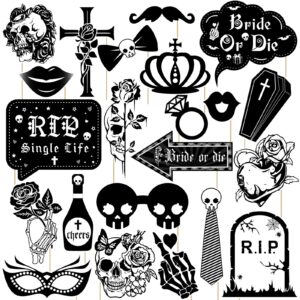 22 pcs bride or die photo booth props kit - gothic bachelorette decorations for women girls, rip single life selfie props for bridal shower halloween till death do us party supplies(black + white)