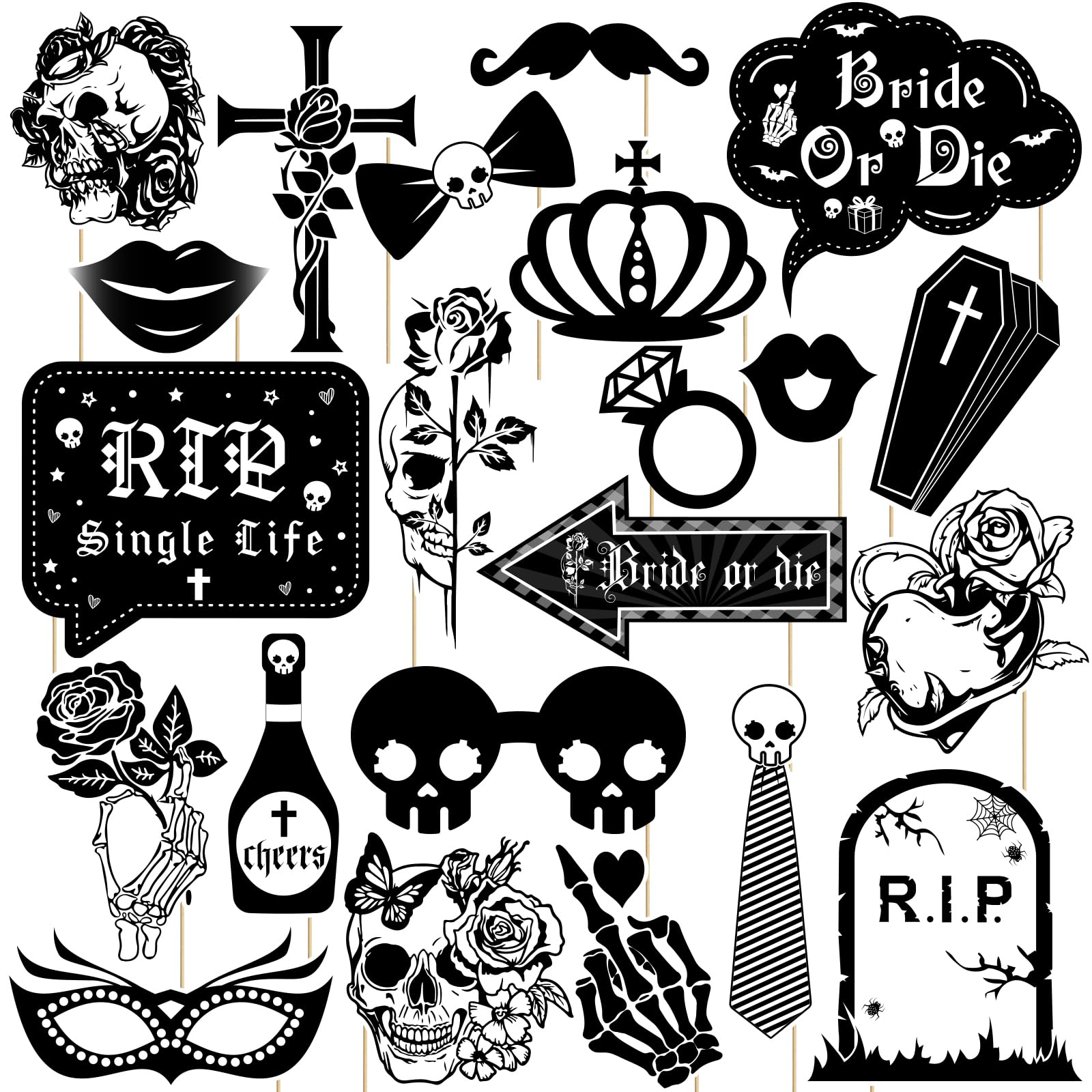 22 Pcs Bride or Die Photo Booth Props Kit - Gothic Bachelorette Decorations for Women Girls, RIP Single Life Selfie Props for Bridal Shower Halloween Till Death Do Us Party Supplies(Black + White)