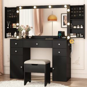 vanity desk with lighted mirror & power outlet, makeup vanity table with 5 drawers & 2 cabinets, large vanity set with stool, glass top, sliding jewelry storage shelves, for women girls, black