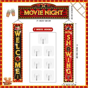 Funnymoom 3 Pcs Movie Night Porch Banner Decorations Movie Theme Party Hanging Banner Welcome Now Showing Sign Door Banner for Movie Theater Photography Background Party Supplies