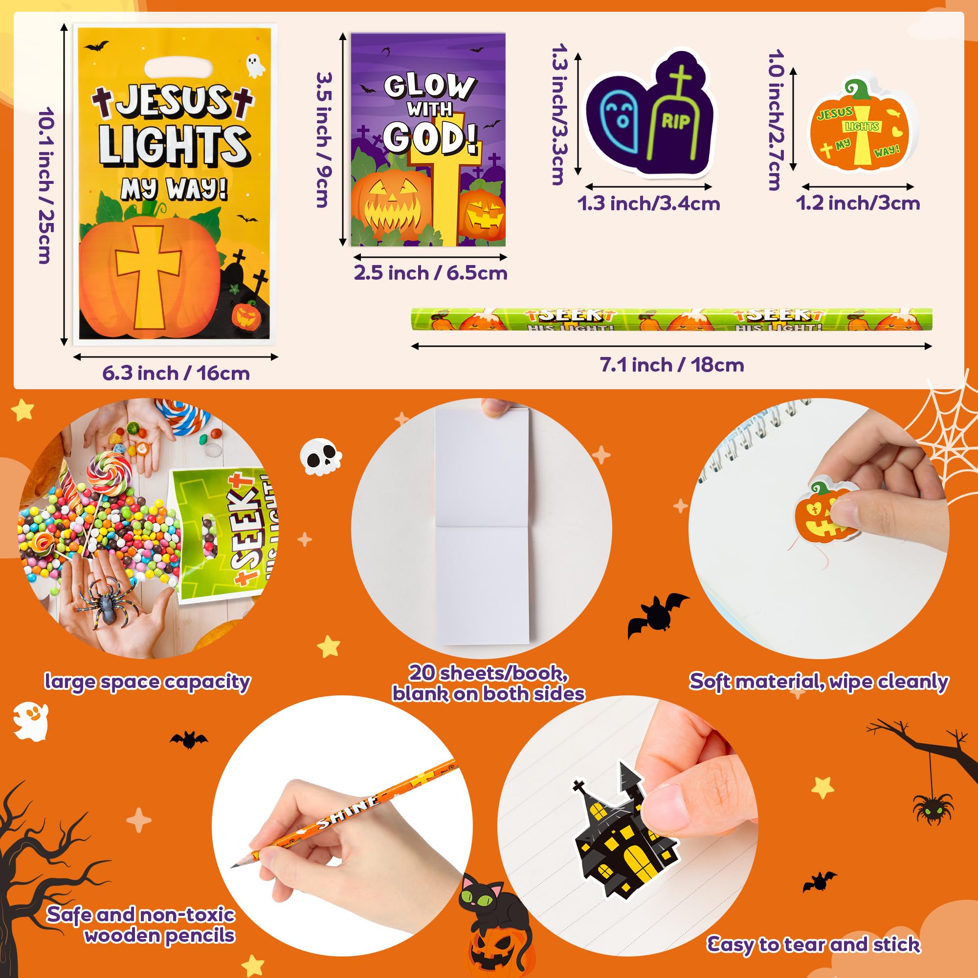 ANGOLIO 146Pcs Halloween Christian Jesus Party Bag Filler Pumpkin Cross Eraser Religious Pumpkin Pencil Notebook Pumpkin Cross Candy Bag and Sticker Halloween Decor Christian Halloween Party Supplies