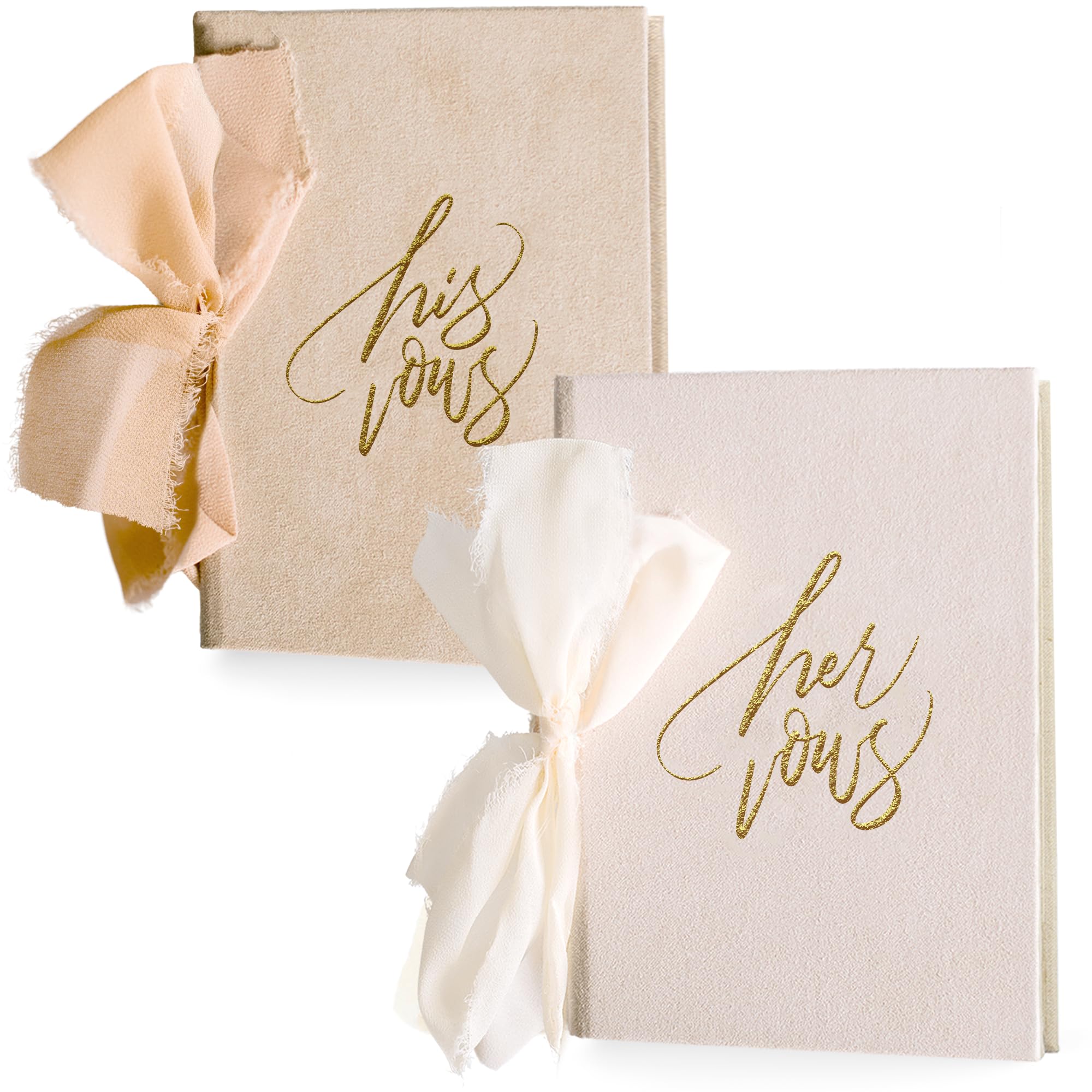 Vow Books His and Hers w/Ribbon- Hardcover Premium Velvet Linen - Wedding Vow Books w/Gold Foil Lettering Embossed - Neutral Convertible Vow Books for Wedding - Keepsake Gifts for Couples (Set of 2)