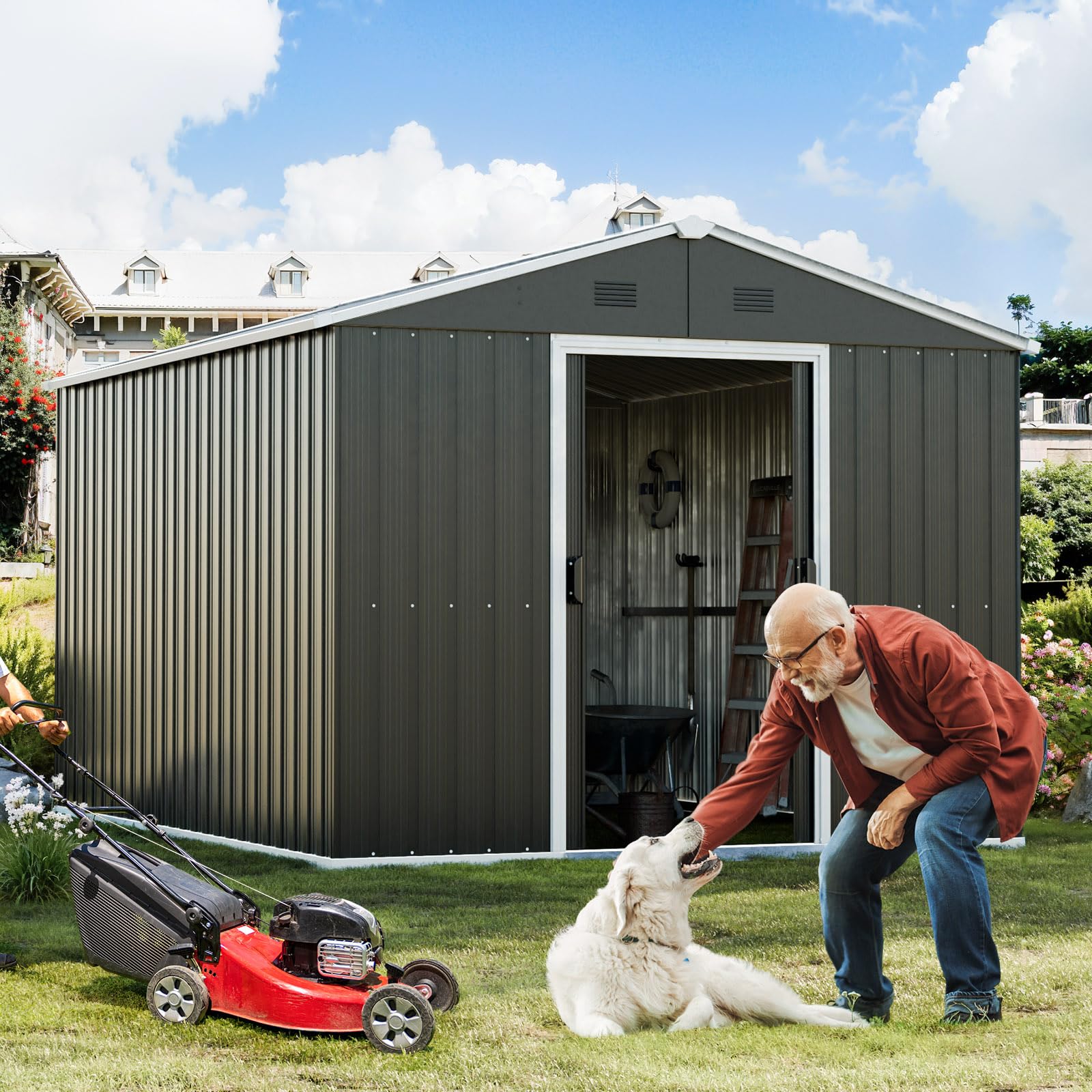 WELYAS Outdoor Metal Storage Shed 10x8FT, Outside Sheds Storage with Double Lockable Doors & Air Vent, Large Tool Sheds House for Garden Patio Lawn Backyard to Store Bikes,Lawnmower,Garage, Gray