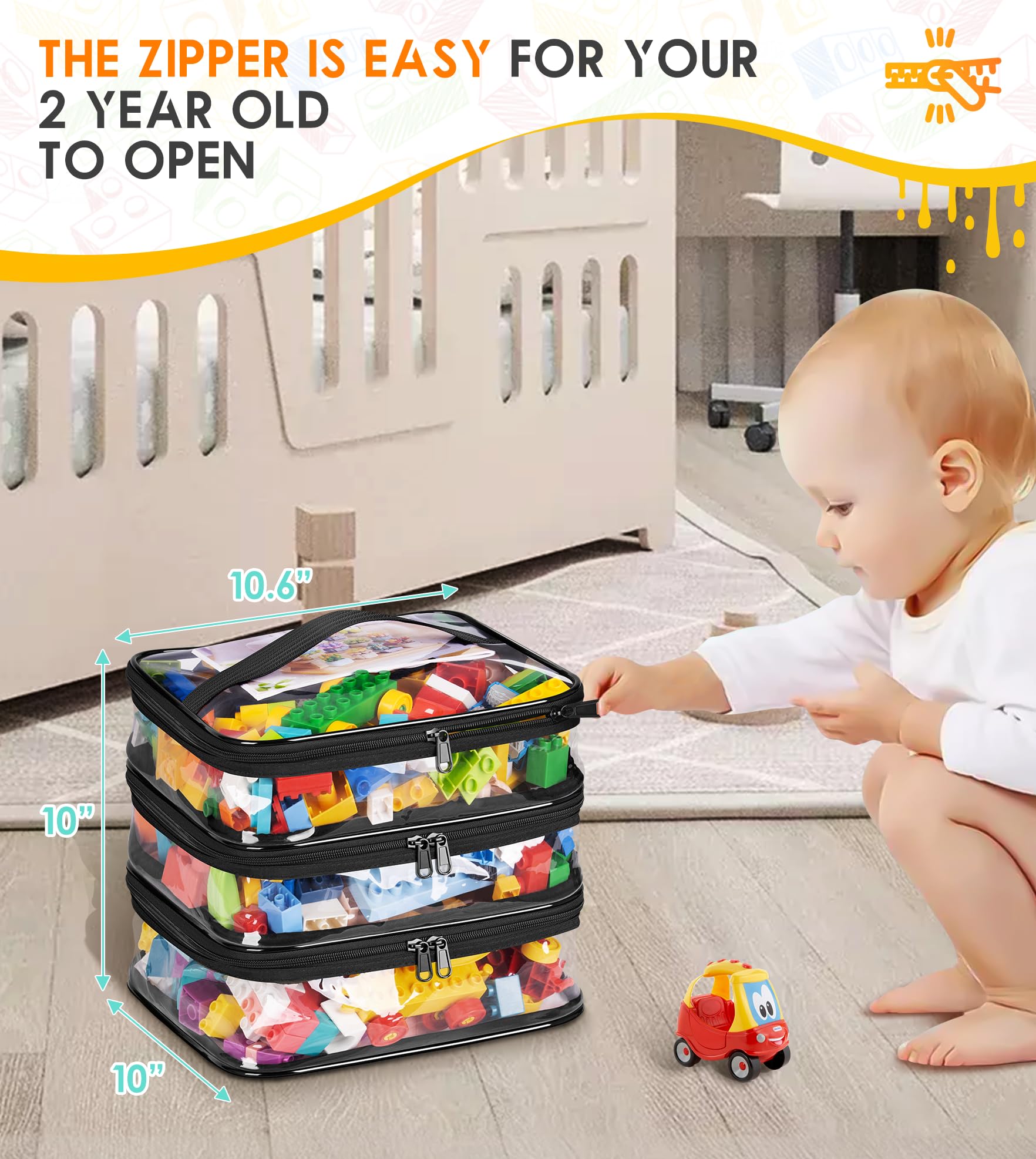 MISSLO 3-Layer Storage Organizer with 3 Manual Pockets Clear Storage Bag for Puzzles, Bricks, Building Blocks, Crafts (Black)