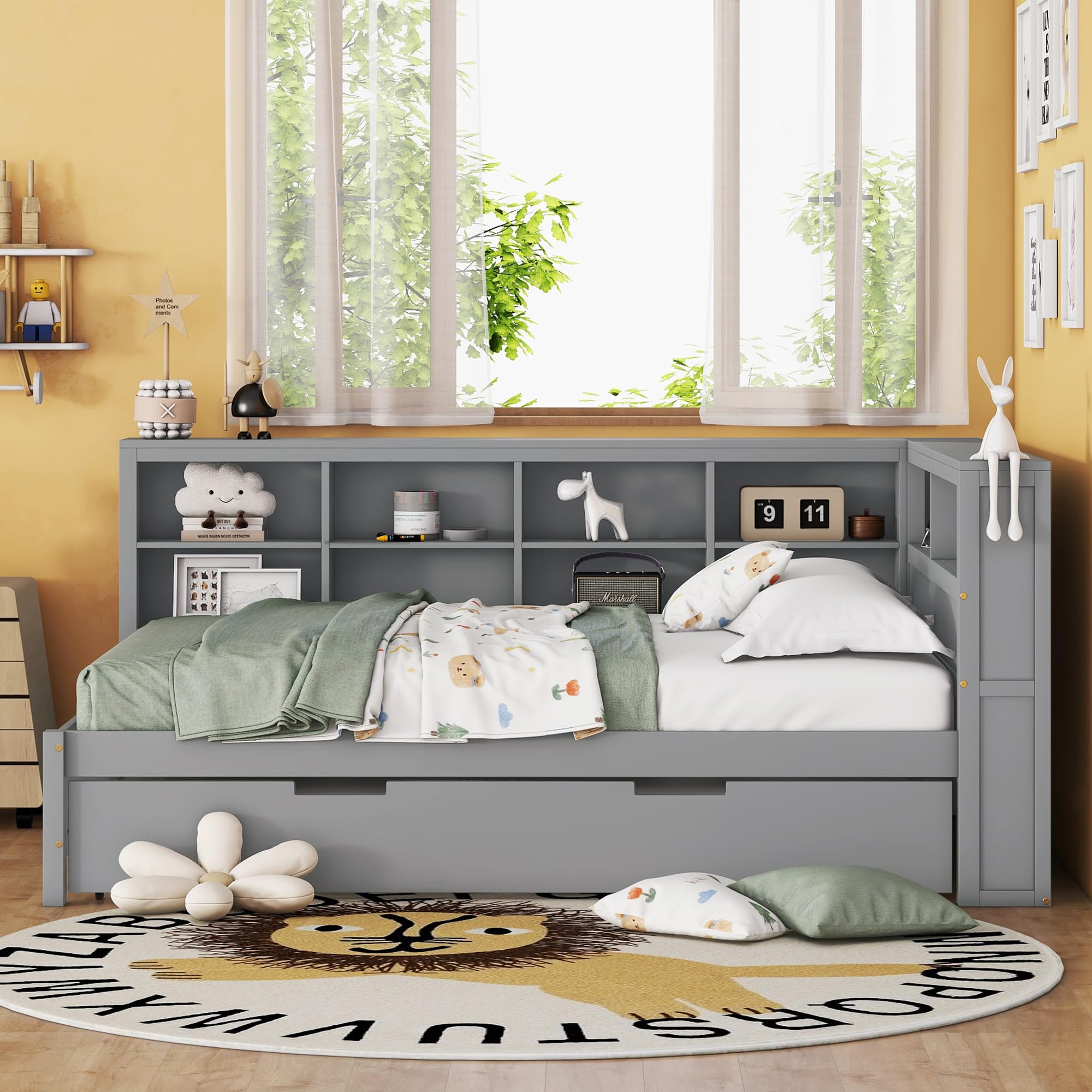 GYYBED Wooden Full Size DayBed with Twin Size Trundle, DayBed with Storage Shelf and USB Charging Ports,Wooden Bedframe with Wood Slat Support for Bedroom Living Room (Full(Grey)+with Trundle)