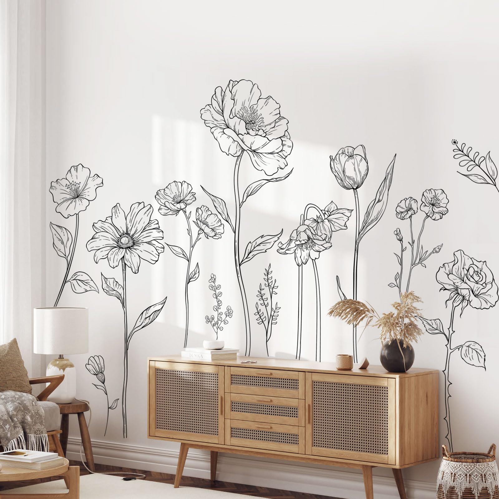 Large Black Boho Flower Wall Decals Simple Sketch Floral Wall Stickers Wildflower Peel and Stick Wall Art Decor for Girls Bedroom Living Room Office Adult Home Decor