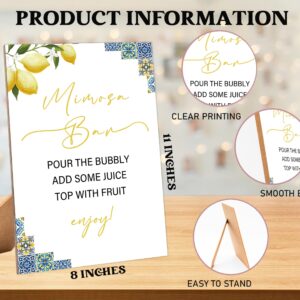 Blue Tiles and Lemons Bridal Shower Mimosa Bar Sign, Table Decor Bridal Shower Sign, Pack of 1 Wooden Tabletop Sign with Stand, Bridal Shower Decorations, Wedding Shower Supplies - XG07AB