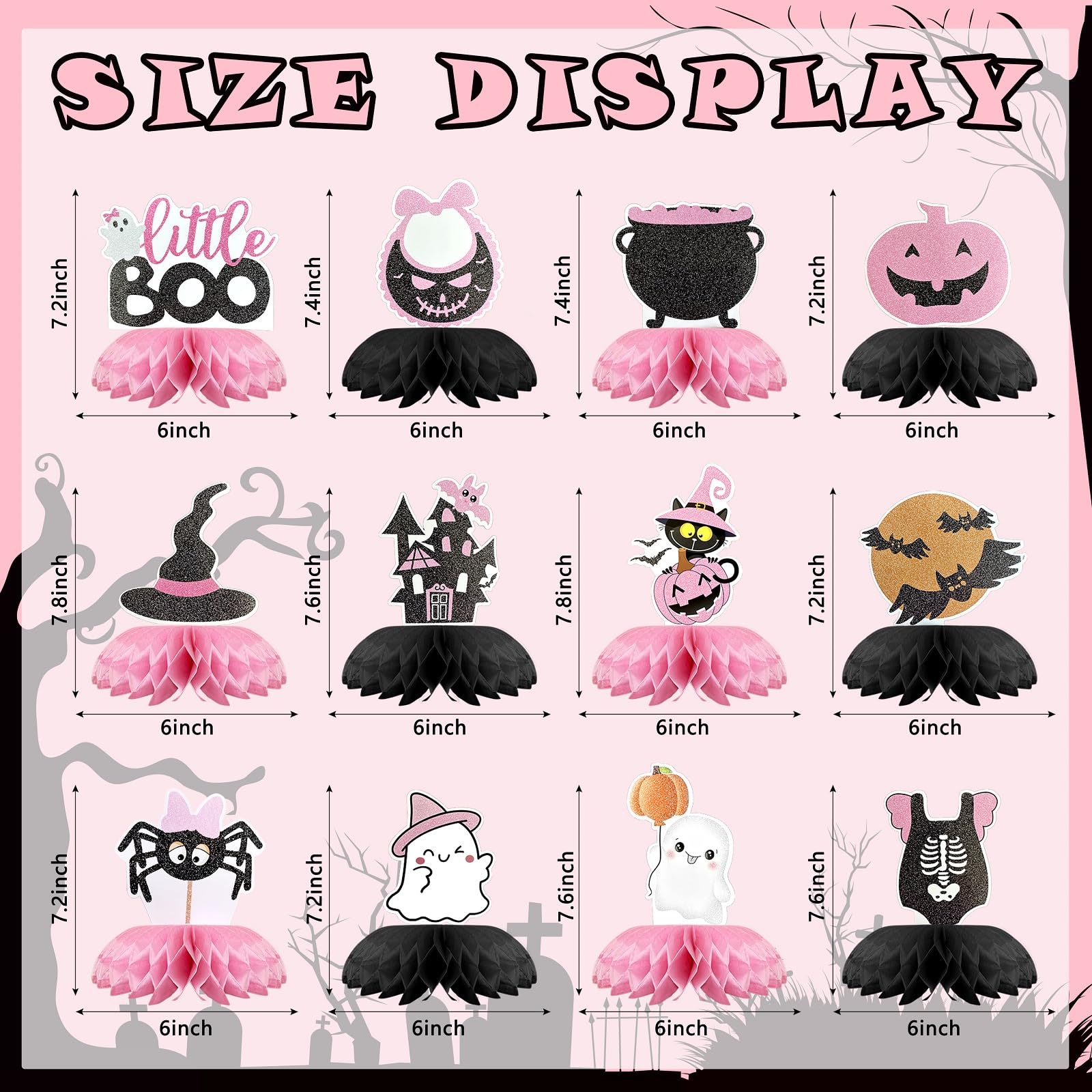 12 Pcs Pink Black Halloween Baby Shower Decorations Little Boo Halloween Honeycomb Centerpiece Table Decor 3D Double Sided Table Topper for Baby Shower Gender Reveal Birthday Party Supplies