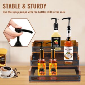 2 Pack 3 Step Liquor Bottle Display Shelf, Coffee Syrup Rack Organizer, Countertop Liquor Wine Rack, 12 Bottles Coffee Station Organizer with Fences & Handles, Retro Bar Shelf Stand for Liquor Whiskey