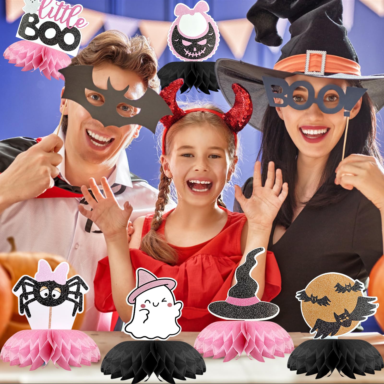 12 Pcs Pink Black Halloween Baby Shower Decorations Little Boo Halloween Honeycomb Centerpiece Table Decor 3D Double Sided Table Topper for Baby Shower Gender Reveal Birthday Party Supplies