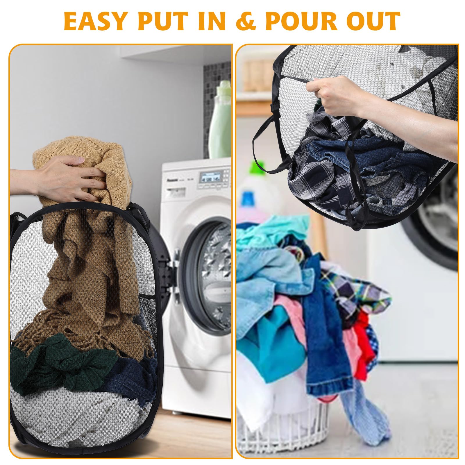 Sibba Pop Up Hamper Mesh Laundry Bag Foldable Basket Travel Black Hamper Pocket Cloths Storage with Handles Large Pop Up Hamper Portable Laundry Organization for Laundry Room Bathroom Dorm