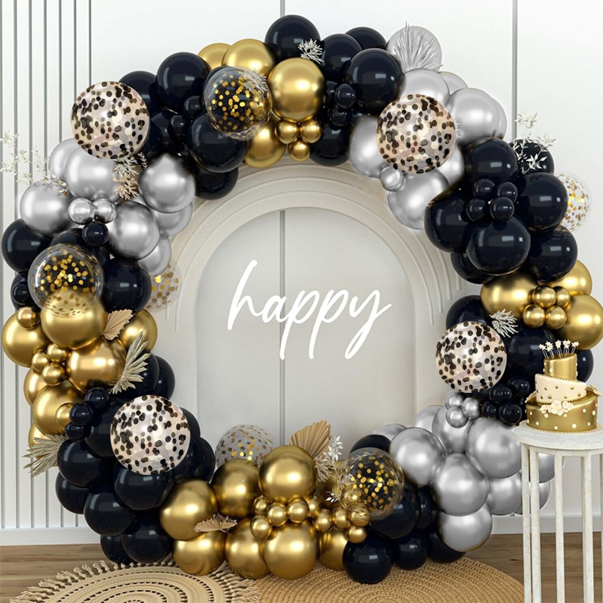 160PCS Glod Sliver Black Confetti Balloons Arch Garland Kit for Birthday Graduation Baby Shower Wedding Party Supplies Decoration (Gold Silver Black)