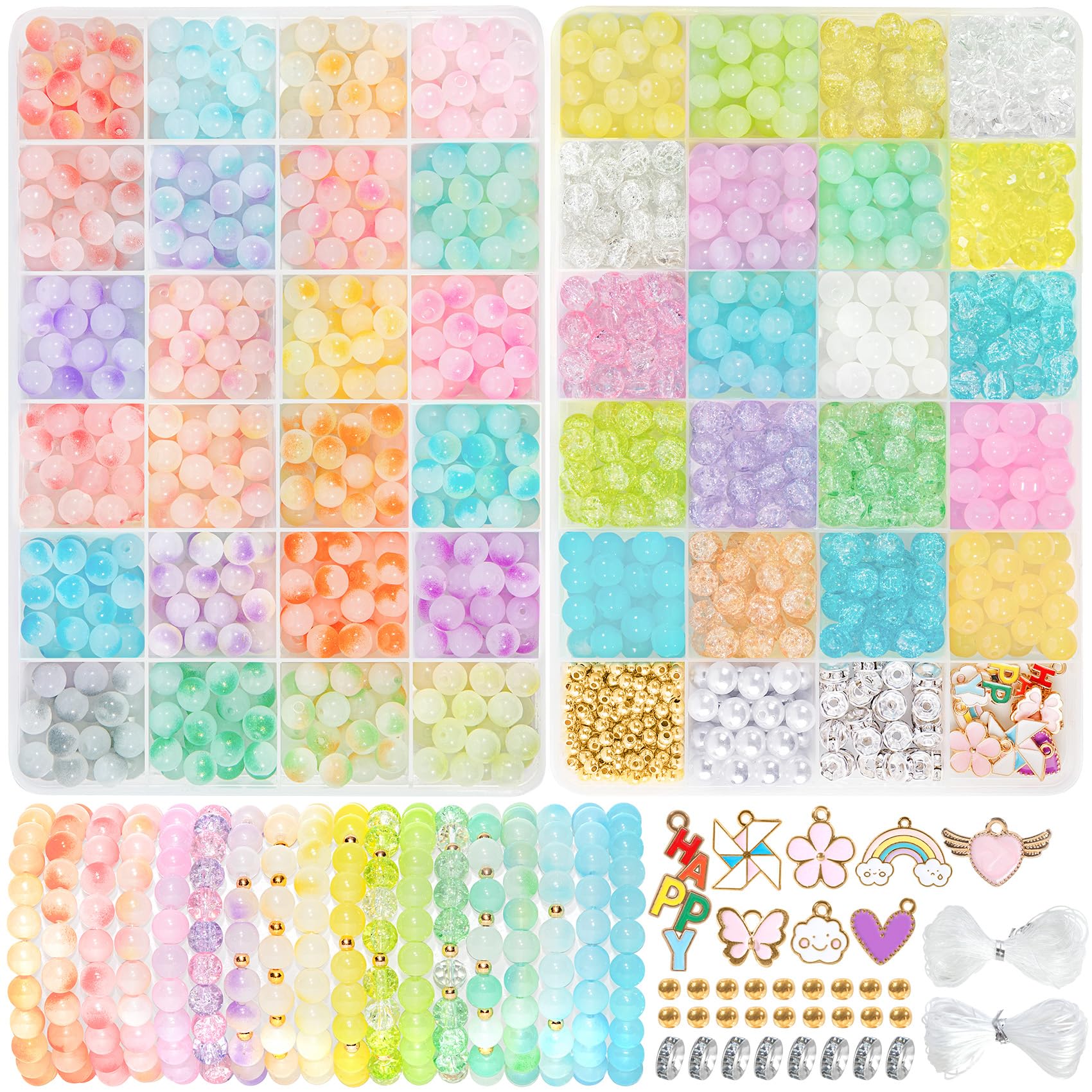 Acerich 2 Boxes Glass Beads for Jewelry Making, 44 Colors 8 mm Crystal Beads for Bracelets for DIY Crafts Birthday Gifts Round Friendship Bracelet Kit, SKU-038-1-A