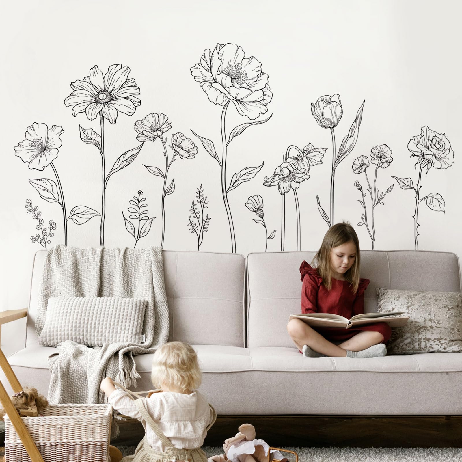 Large Black Boho Flower Wall Decals Simple Sketch Floral Wall Stickers Wildflower Peel and Stick Wall Art Decor for Girls Bedroom Living Room Office Adult Home Decor