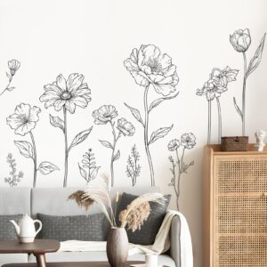 Large Black Boho Flower Wall Decals Simple Sketch Floral Wall Stickers Wildflower Peel and Stick Wall Art Decor for Girls Bedroom Living Room Office Adult Home Decor