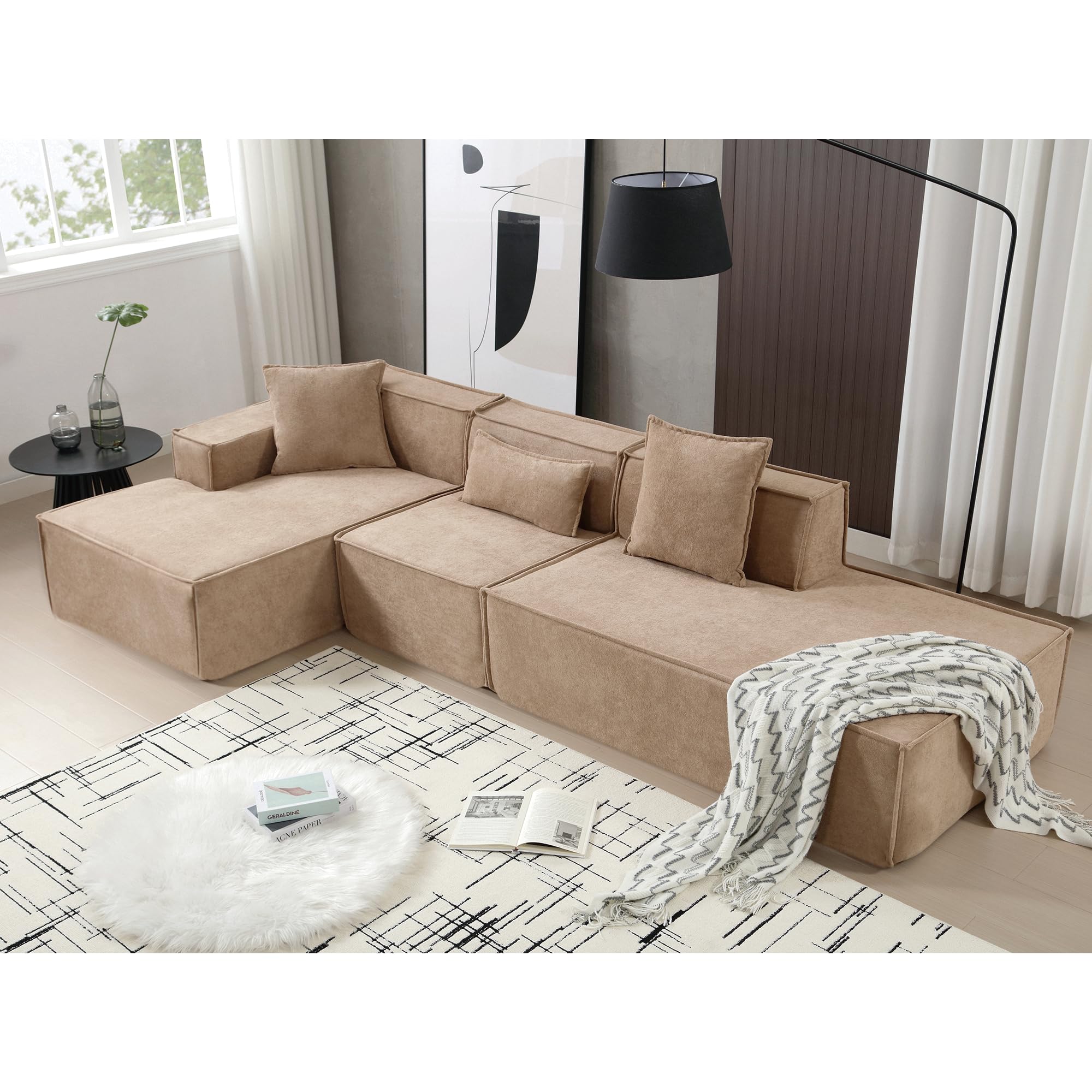 OPULHAUS Modern Minimalist Upholstered Couch，130" Oversized Modular Floor L-Shaped Sofa Set,Modern Upholstered Combination Facing Sofa, 3 PC Free Combination (130" Left-Hand Facing, Light Brown)