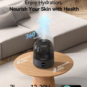 RoneAir Humidifiers for Bedroom Large Room Home, 3L Cool Mist Humidifiers for Baby Nursery & Plants, Ultrasonic, Smart Auto Humidification, Oil Diffuser, Timer, Auto Shut-Off, 360° Nozzle, 26dB Quiet