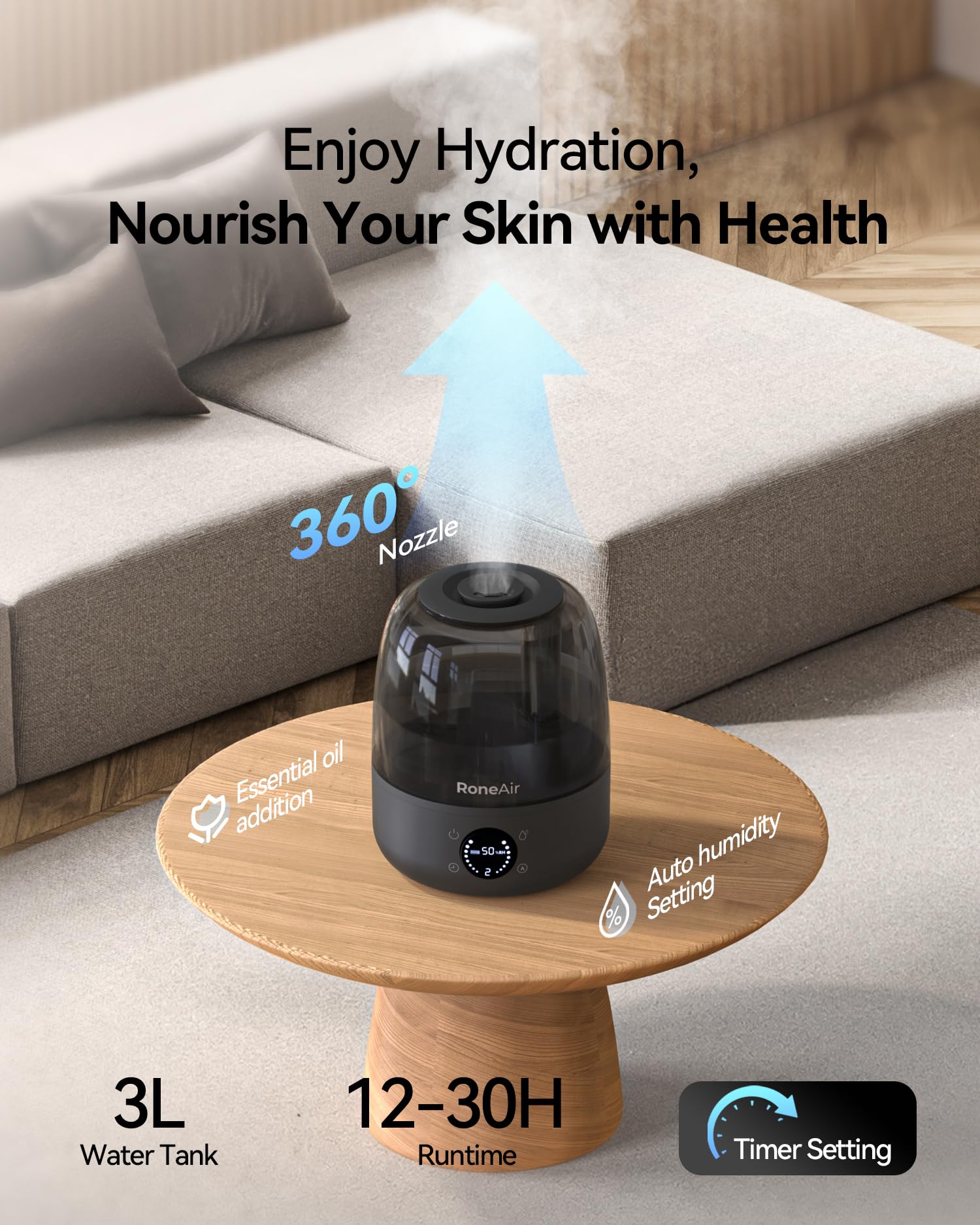 RoneAir Humidifiers for Bedroom Large Room Home, 3L Cool Mist Humidifiers for Baby Nursery & Plants, Ultrasonic, Smart Auto Humidification, Oil Diffuser, Timer, Auto Shut-Off, 360° Nozzle, 26dB Quiet