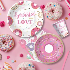 Suhelkit Donut Baby Sprinkle Decorations Tableware Girl - Sprinkled with Love Baby Shower Party Supplies, Paper Plate, Napkin, Cup, Tablecloth, Cutlery, Pink Donut Baby Shower Decorations | 24 Guests