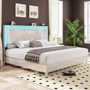 amerlife queen size beds frame with smart rgbw led lights, high gloss wooden platform bed frame with floating ergonomic headboard, slats support/noise free/no box spring needed, white woodgrain