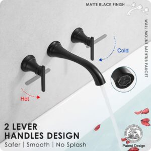 HOIGY Brass Tub Filler Wall Mount 3 Hole, Farmhouse Black Tub Faucet, High Pressure 2 Handle Matte Black Bathtub Faucet Set with Long Spout Reach, Rough-in Valve